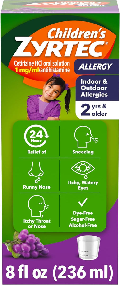 Zyrtec Children’s Allergy Relief Syrup – Grape, 8 oz (Sugar-Free, Dye ...