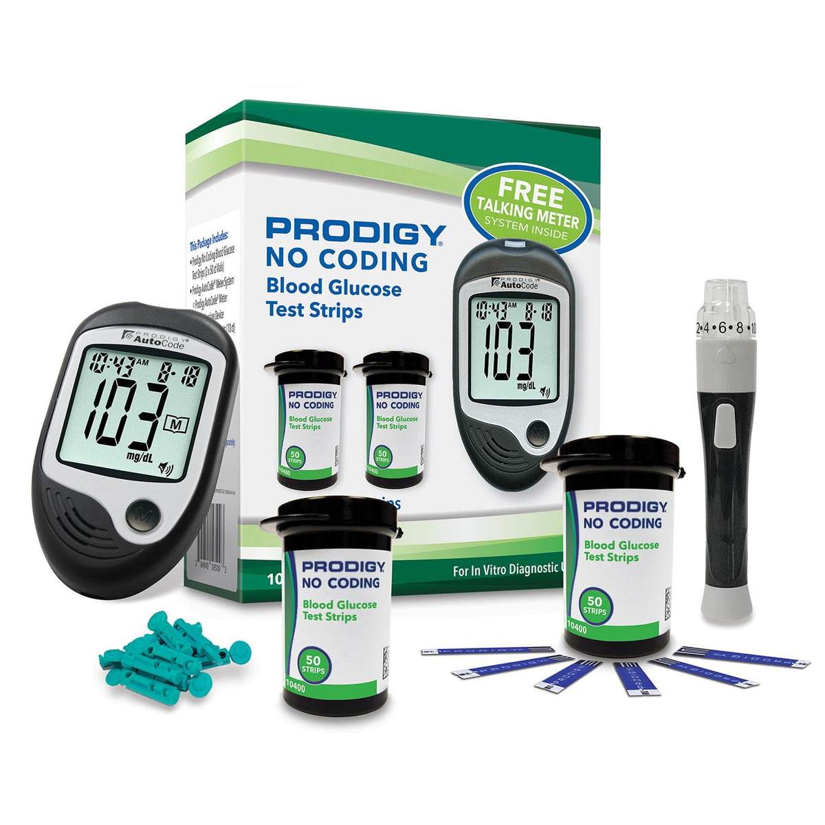 PRODIGY 10500 Talking Glucose Meter Kit + 100 No-Coding Test Strips ...
